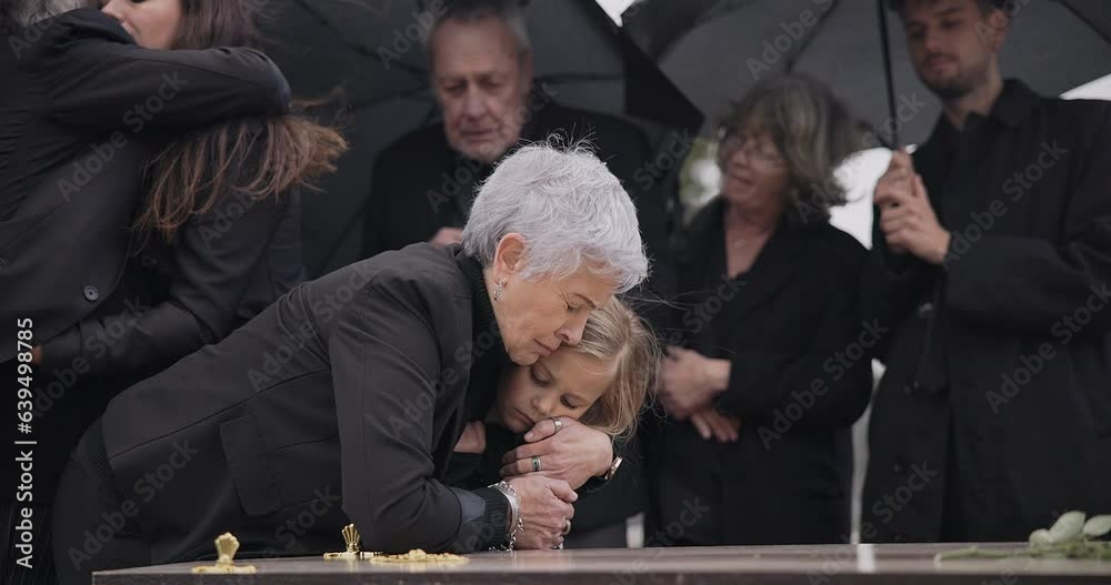 Funeral, crying family and child hug grandmother for support, mourning ...