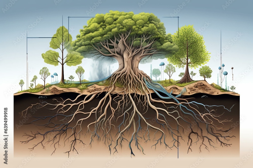 Illustration of tree roots penetrating soil in a cross-sectional view ...