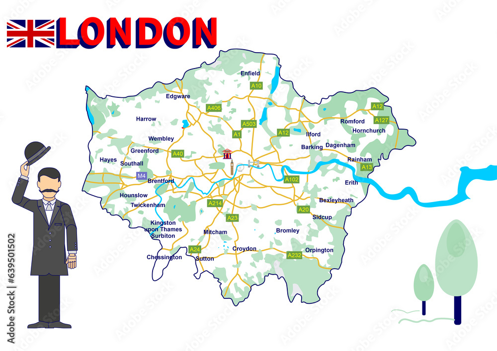 Color metropolitan London map with highways, regional geography and ...