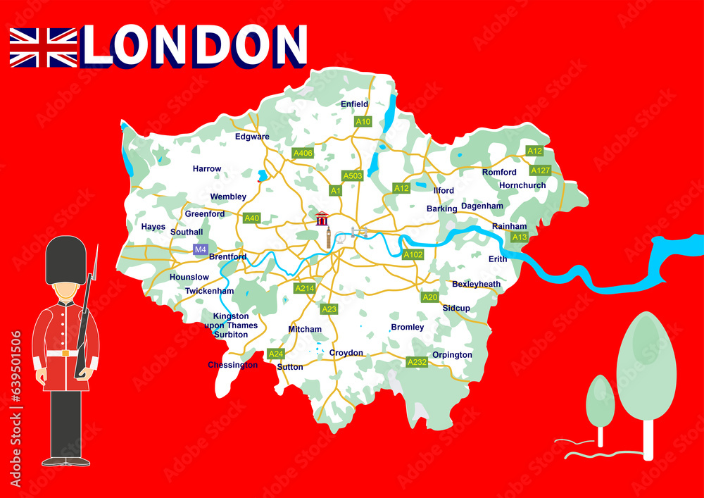 Color map of London metropolitan city with roads, geography of the ...