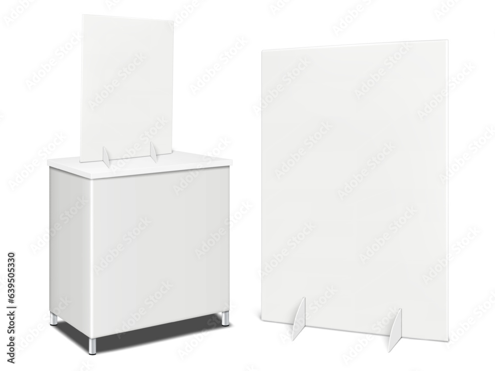 Blank white exhibition counter with floor and table display stands ...
