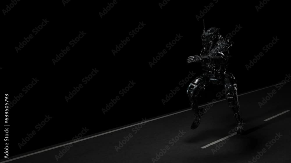 robot, android running, road in the dark, black background, 3d render ...