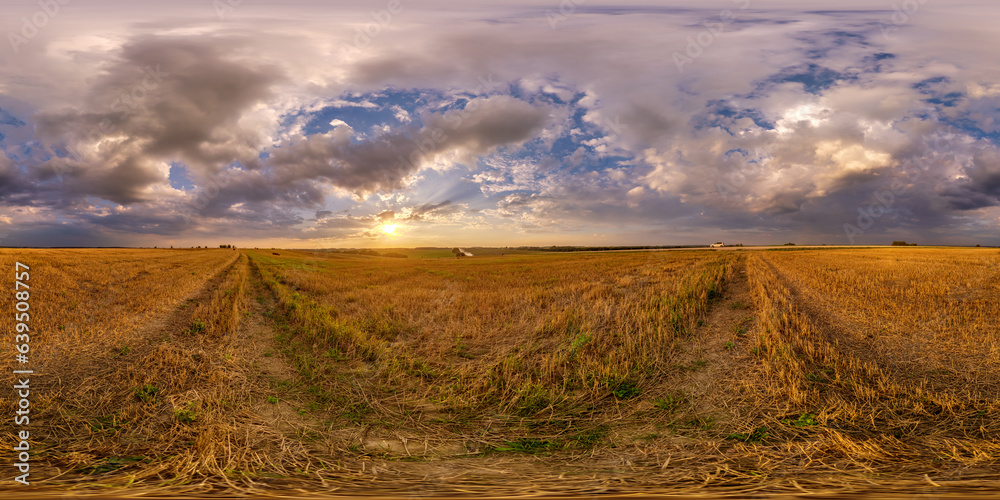 spherical 360 hdri panorama among farming field with clouds on evening ...