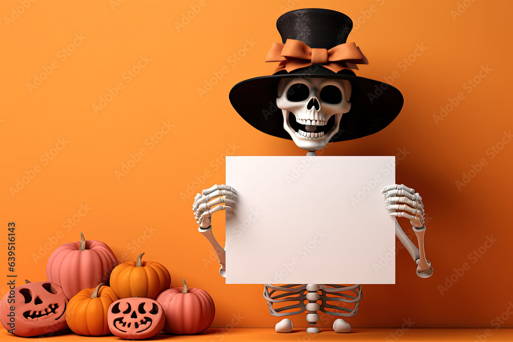 Friendly and cute skeleton figurine in a hat with a whiteboard mockup ...