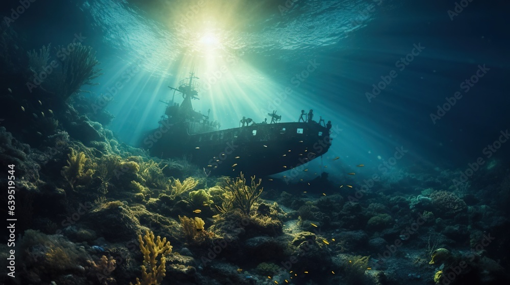 Submarine in the depths of the sea, sun rays under water. Created with ...