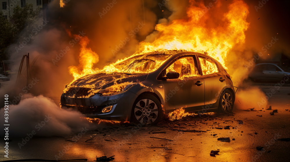 Electric car catches fire in street on sunny day. Fire hazard from ...