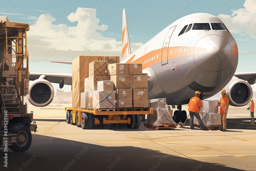 world of air cargo transportation. Depict a bustling airport tarmac ...