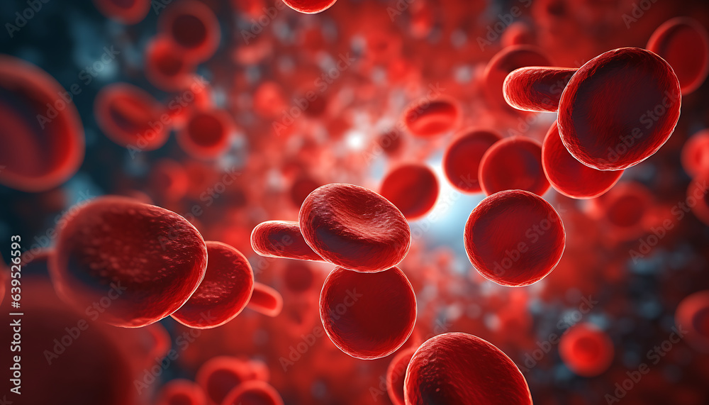 Red blood cells background with floating pathogen respiratory influenza ...