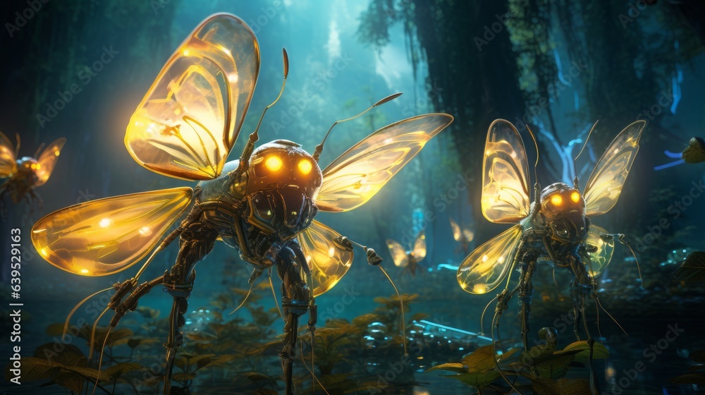 Mechanical fireflies dance around digital meadows, their luminescence ...