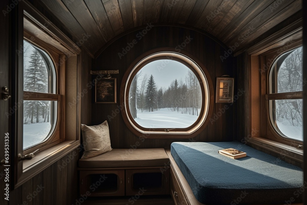 Cozy cabin on the Polar Express train with a circular window and a ...