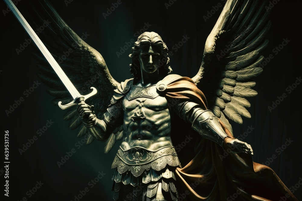 Statue of Archangel Michael with a sword on a dark background Stock ...