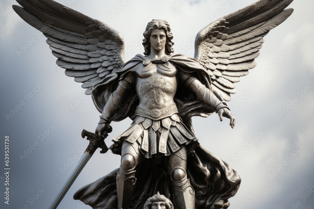 Statue of Archangel Michael with a sword on a sky background Stock ...