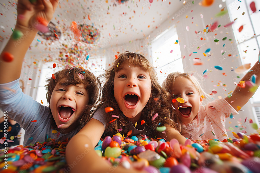 Happy kids at a vibrant party, surrounded by a whirlwind of colorful ...