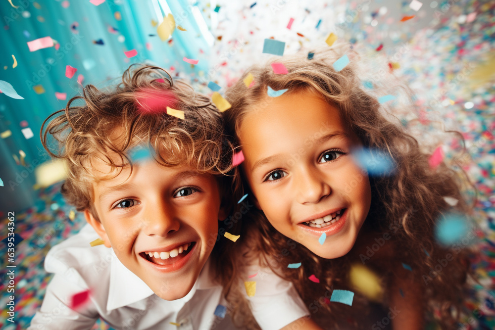 Happy kids at a vibrant party, surrounded by a whirlwind of colorful ...