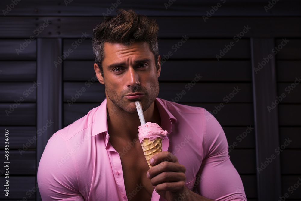 Handsome man indulging in the pure delight of an ice cream cone. His ...