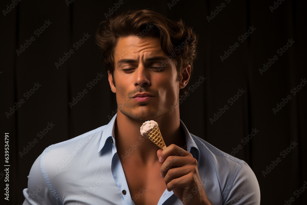 Handsome man indulging in the pure delight of an ice cream cone. His ...
