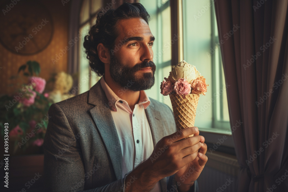 Handsome man indulging in the pure delight of an ice cream cone. His ...