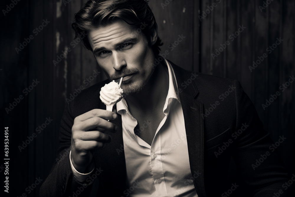 Handsome man indulging in the pure delight of an ice cream cone. His ...
