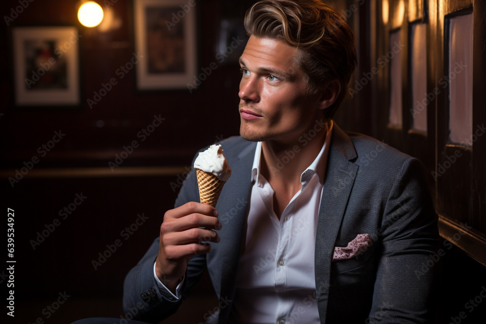 Handsome man indulging in the pure delight of an ice cream cone. His ...