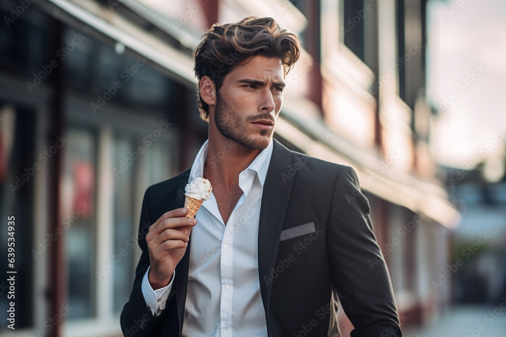 Handsome man indulging in the pure delight of an ice cream cone. His ...