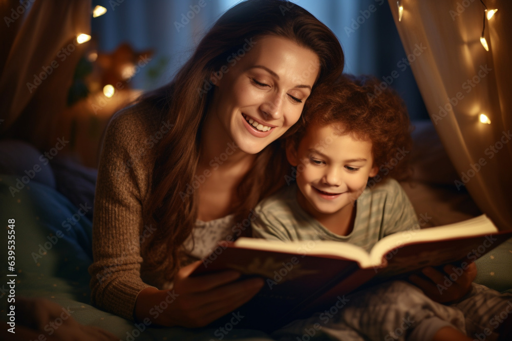 Sceme capturing a heartwarming scene of a loving mom reading enchanting ...