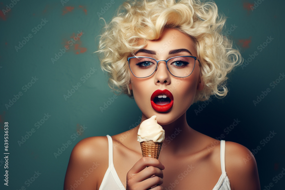 Scene capturing the beauty and delight of a woman savoring an ice cream ...