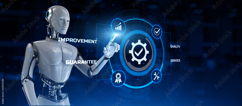 Standard quality control certification standardisation. Robot pressing button on screen 3d ...