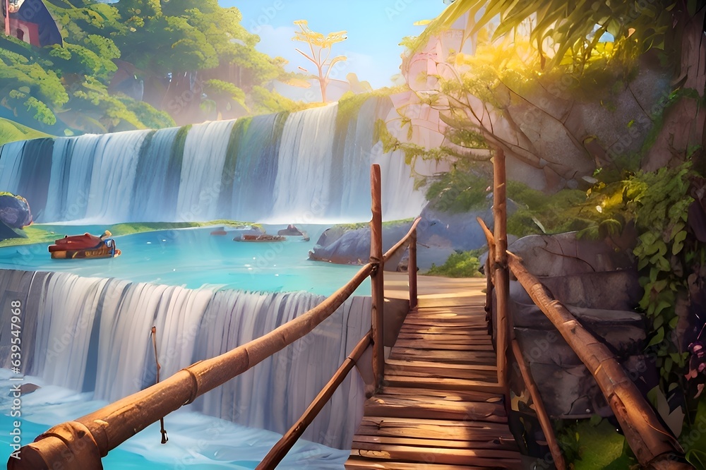 surrounded by waterfalls, Digital art. Fantasy landscape, deep color. Fantasy landscape ...