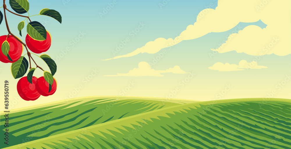vector background of apple orchard with twigs, fruit and apple leaves ...