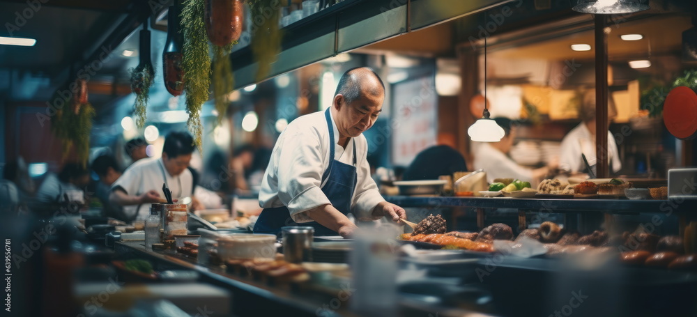 Busy Japanese restaurant. staff in motion. hand edited generative AI ...