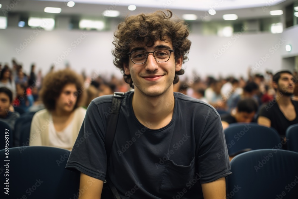 Happy male student young man guy at table sit in class university high ...