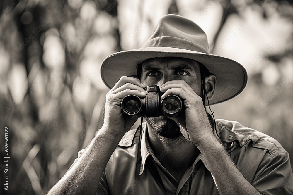 Monochrome, grainy, documentary - style photograph of a park ranger ...