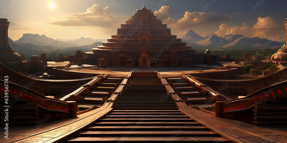 Fantasy Ancient Egyptian pyramid background with palm trees and Nile ...