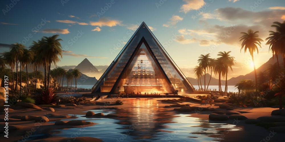 Fantasy Ancient Egyptian pyramid background with palm trees and Nile ...