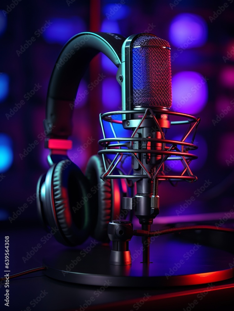 A close-up of a microphone and headphones for podcasting or ASMR sounds ...