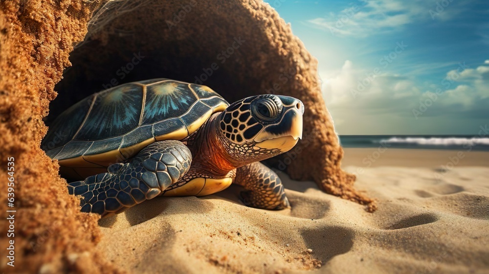 The turtle lays eggs in the clean sandy beach. Tortoise nesting. Female ...