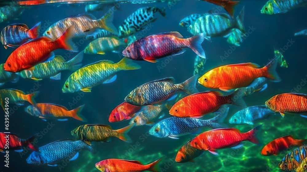 Underwater view with schooling fish and beautiful sunlight. Tropical ...