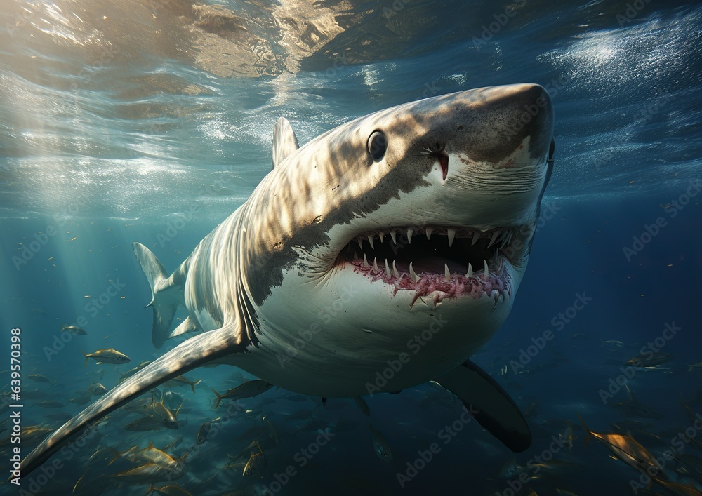 A magnificent great white shark, a symbol of ocean's grandeur. Deep sea ...