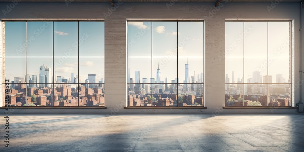 Cityscape elegance. Contemporary office. Room window with skyline view ...