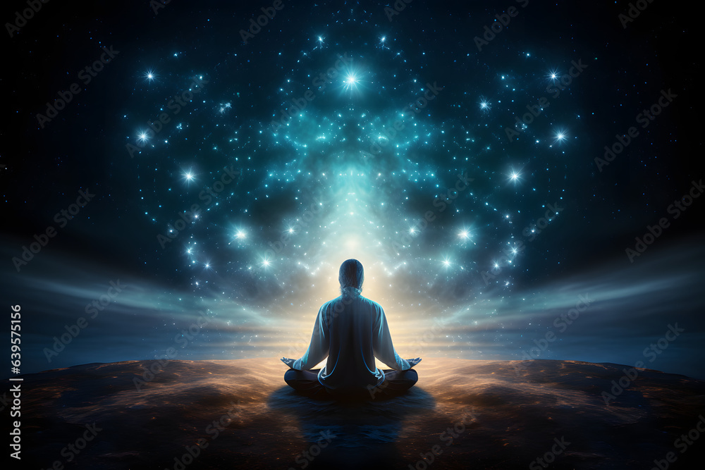 An image depicts a man meditating alone in the midst of an astral and ...