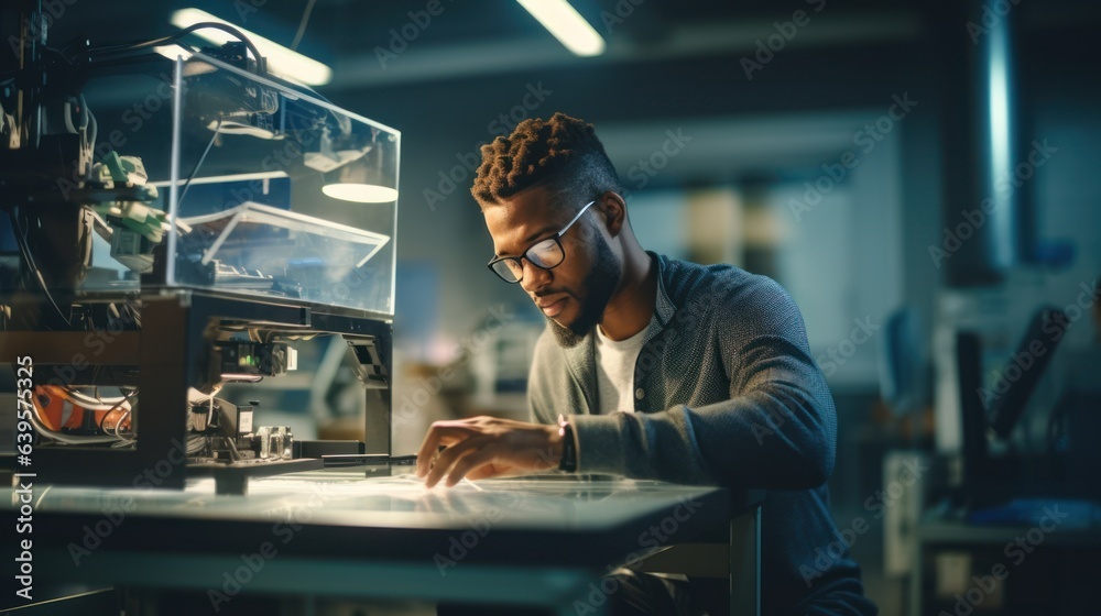 An engineer prints a prototype model on a 3d printer in a laboratory ...