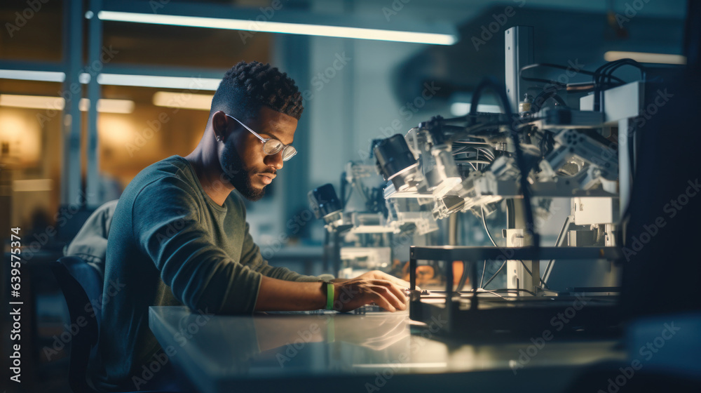An engineer prints a prototype model on a 3d printer in a laboratory ...