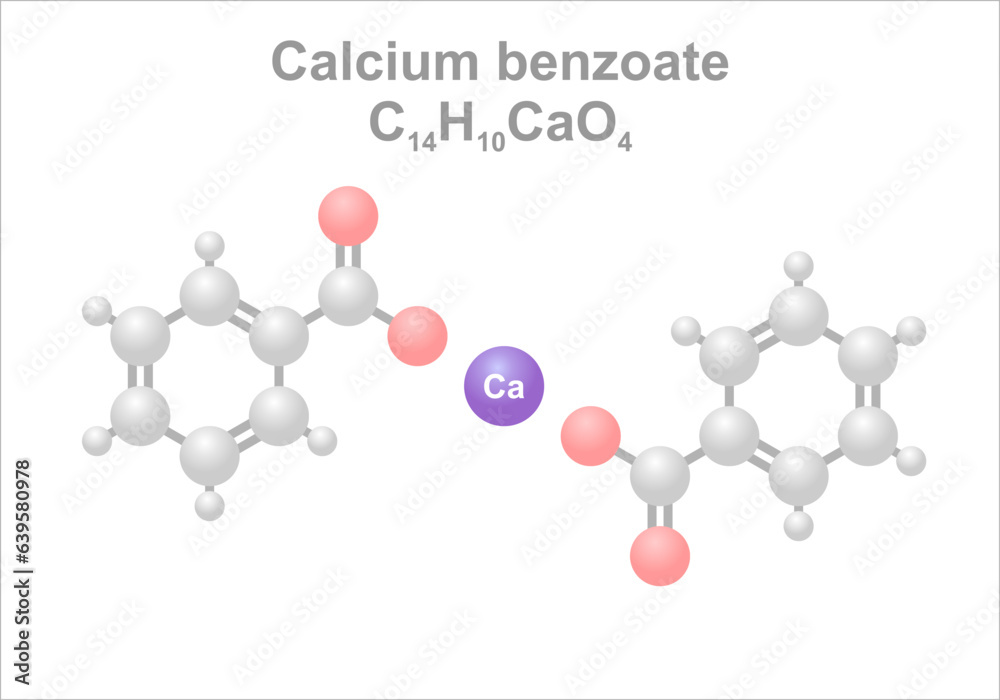 Calcium benzoate. Simplified scheme of the molecule. Food preservative in beverages and bakery ...