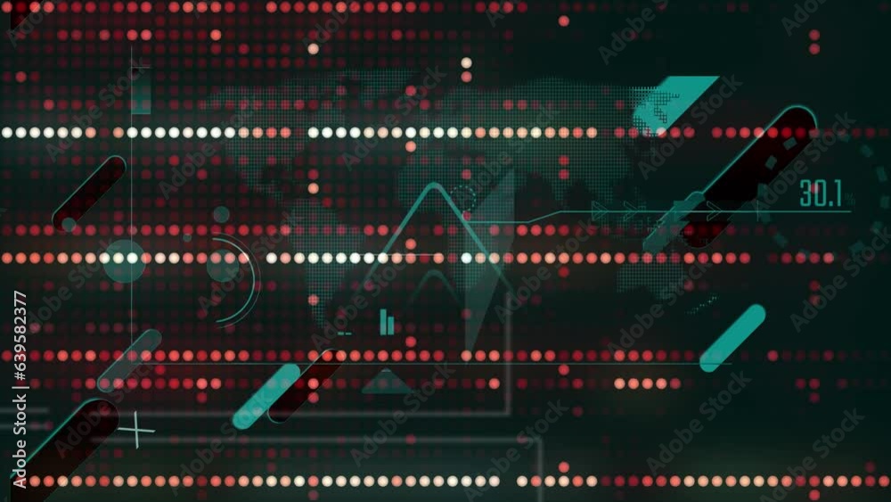 mixed overlays animation with moving and rotating shapes with many small dots pattern imprint ...