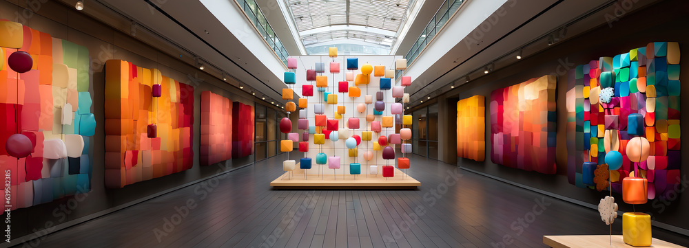 Exhibition Space Interior With Bright Exhibits. Illustration On The ...