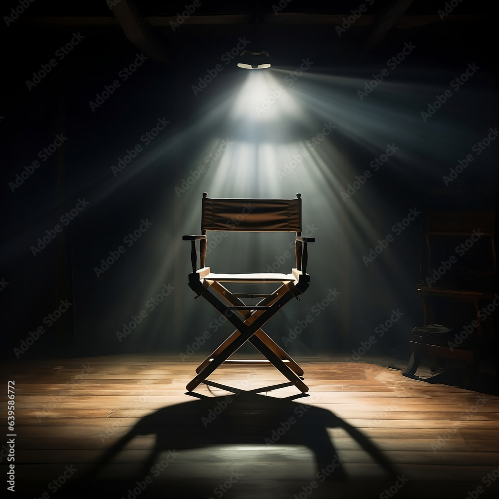 The director's chair stands in a beam of light with an backlight. Free ...