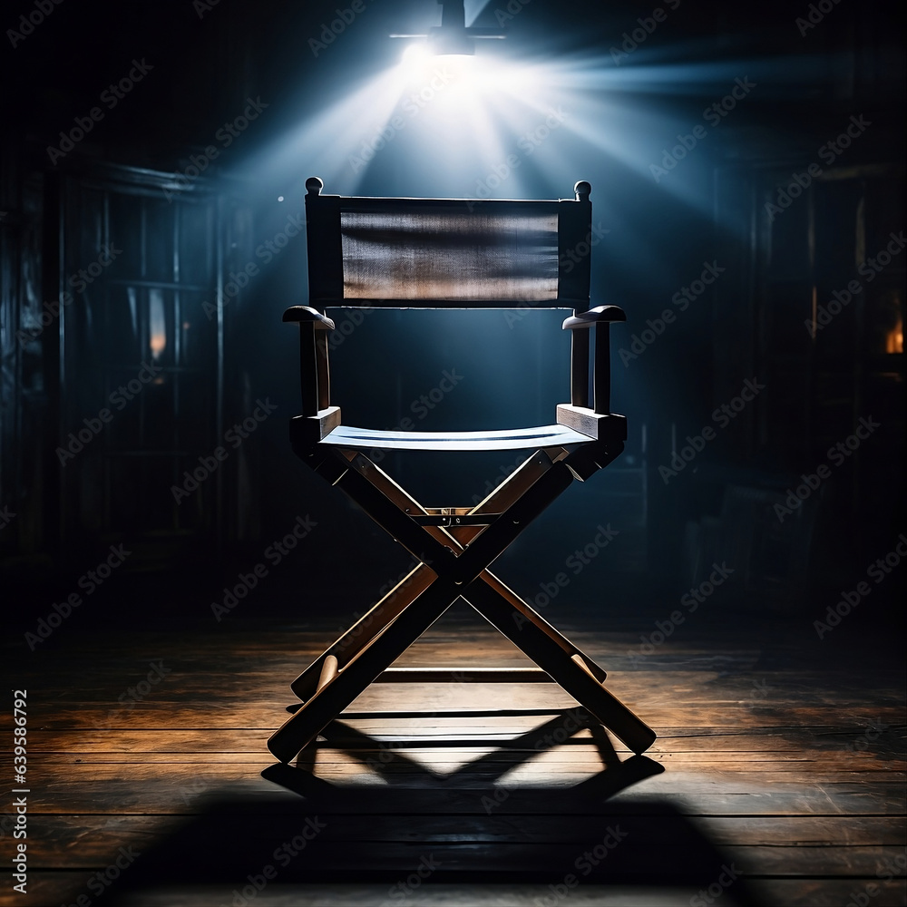 The director's chair stands in a beam of light with an backlight. Free ...