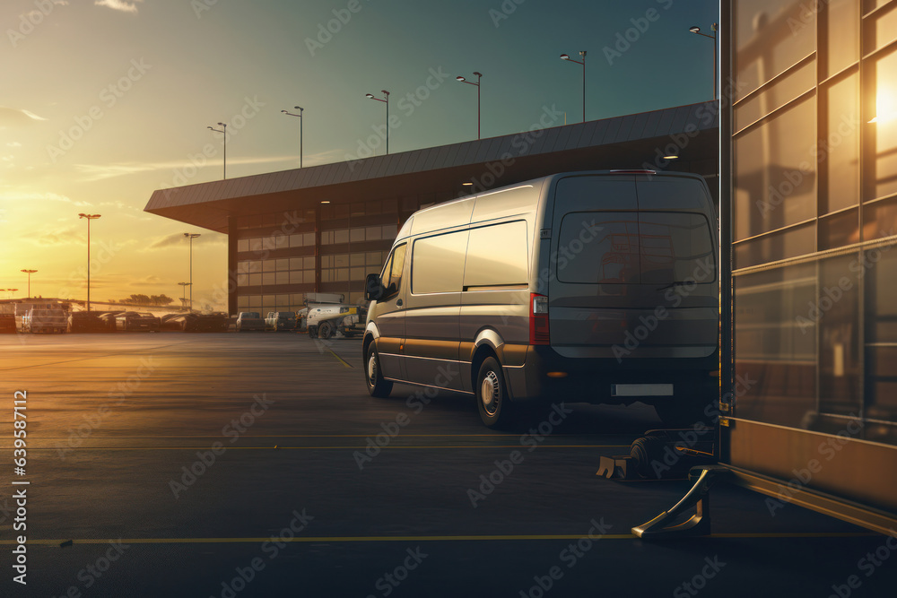 Cargo Bus Awaits, Delivery Minivan Readies at Logistic Center. Stock ...