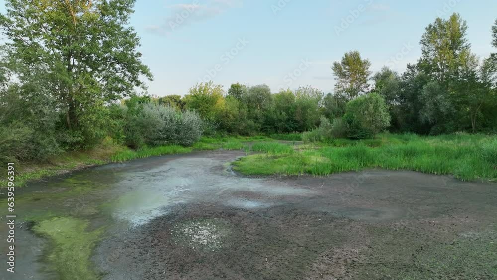 Drought wetland aerial swamp drone pond very drying up soil cracked ...