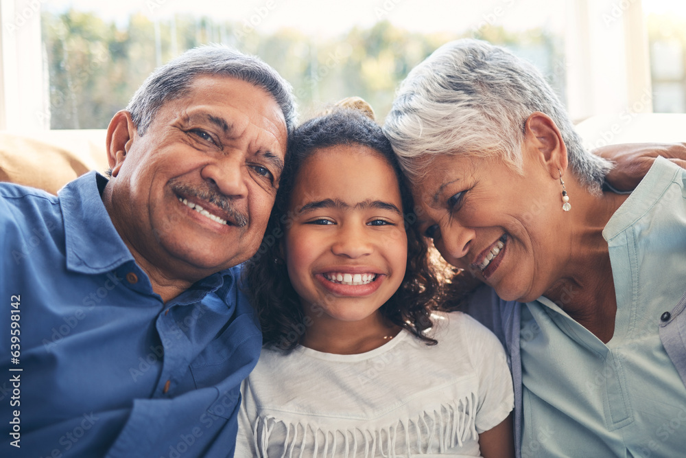 Grandparents, portrait and child smile in home living room on sofa ...